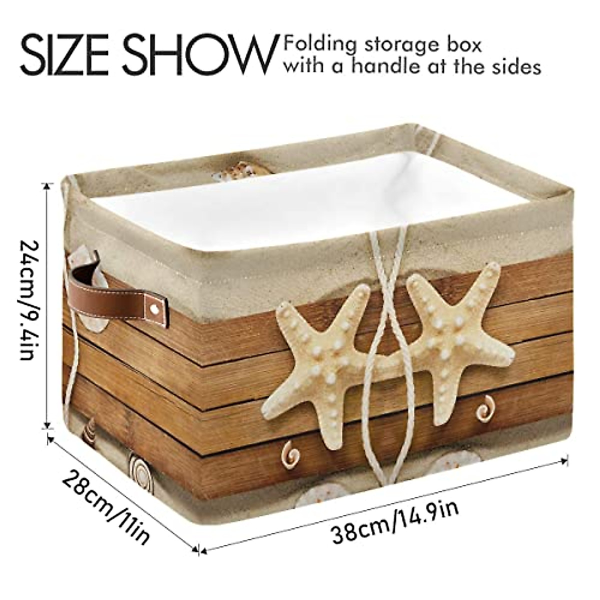 Storage Basket Wooden Beach Seashell Starfish Rectangle Foldable with Leather Handle Nursery Storage Bins Boxes Cube Organizer for Children Toys Books Clothes Home Bedroom