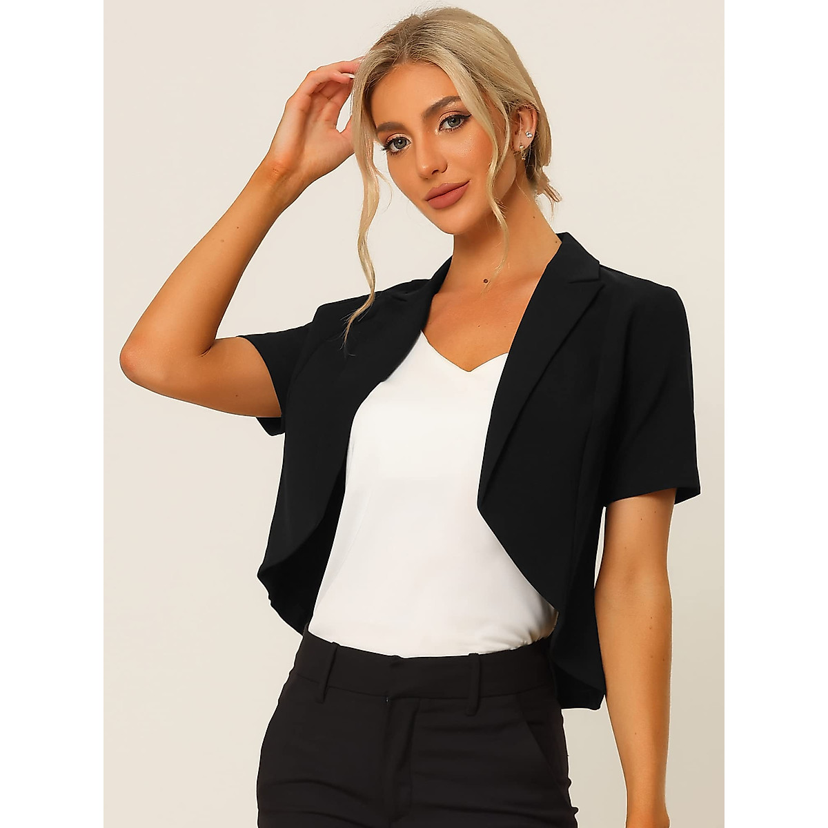 Allegra K Women's Business Casual Lapel Short Sleeve Open Front Cropped Work Office Blazer Large Balck