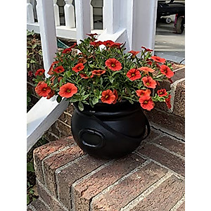 Black Plastic Planter, Antique, Cast Iron Looking Cauldron Kettle Flower Pot 8" with Handle, Early American Style