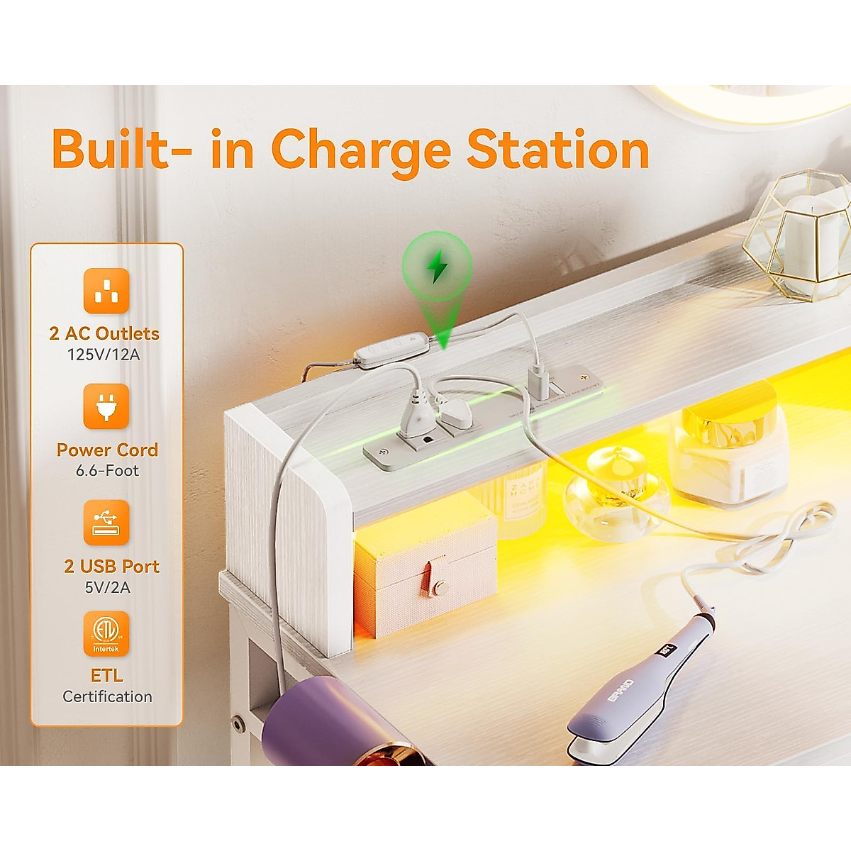 AODK Vanity Desk with Vanity Chair, Makeup Vanity with LED Lights, White Small Vanity Desk Without Mirror, 32 Inch Makeup Table for Small Space with 2 Fabric Drawers, Desk Make Up Vanity for Girls