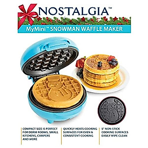 Nostalgia MyMini Snowman Waffle Maker - Mini Waffle Maker with Snowman Motif, Belgian Style Waffle Maker, Cheese Sandwiches, Double Non-Stick