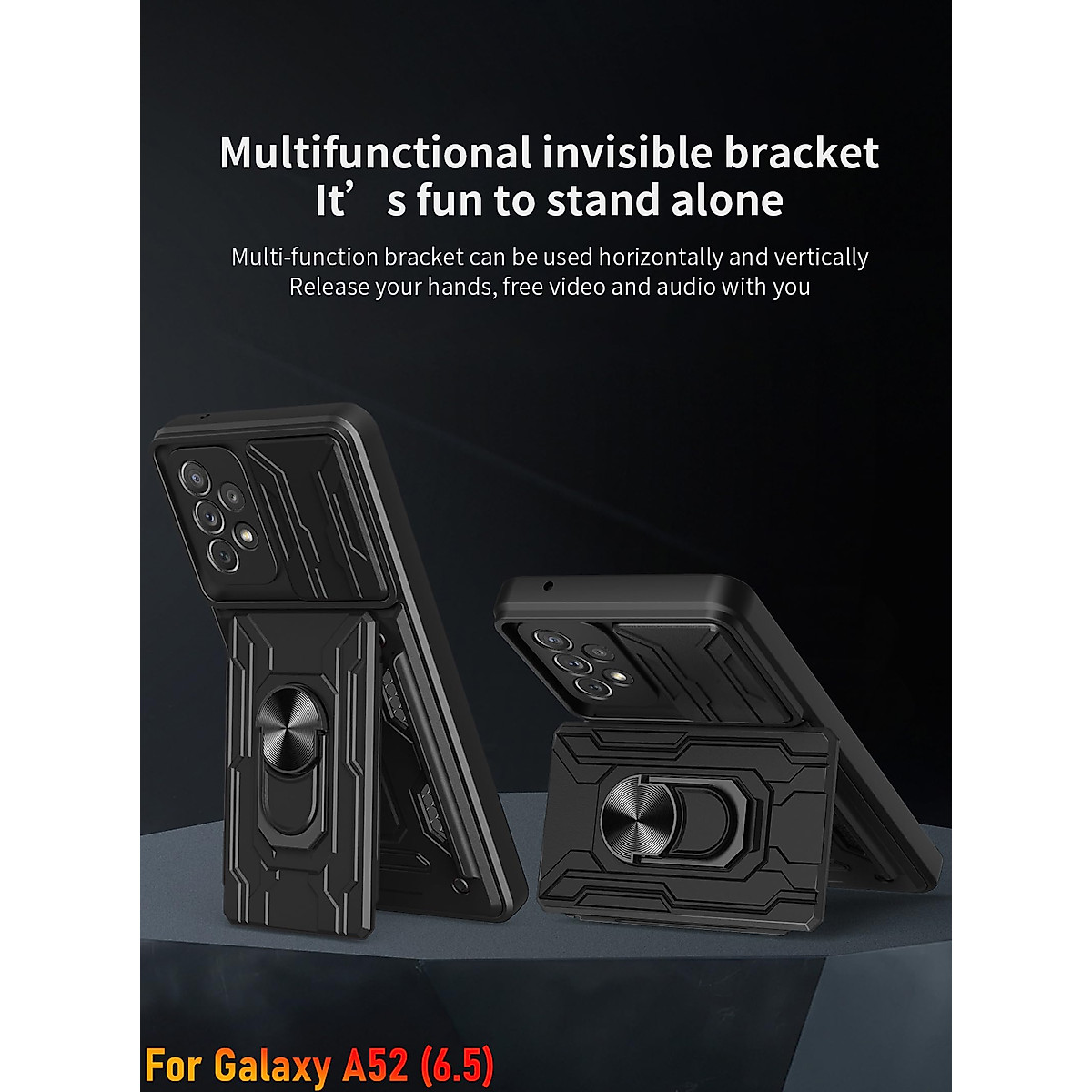 ymxdmd Wallet Case for Samsung Galaxy A52(5G) 6.5 Inch, Credit Card Business Card Slot Sliding Door Hides Portable Design, Double Layer Hybrid Military Grade Rugged Shock Resistant Drop Case (Black)