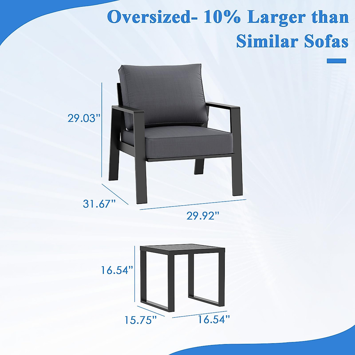 YOEEMZ 3 Pieces Aluminum Outdoor Furniture Set, Oversized Patio Couch, All Weather Metal Sofa with Side Table, Grey