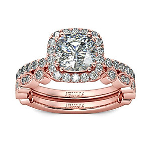 Jeulia 2.65 Carat Sterling Silver Ring Set Halo Cushion Cut Engagement Anniversary Wedding Band Ring Set with Jewelry Gift Box for Women (Rose Gold, 9)