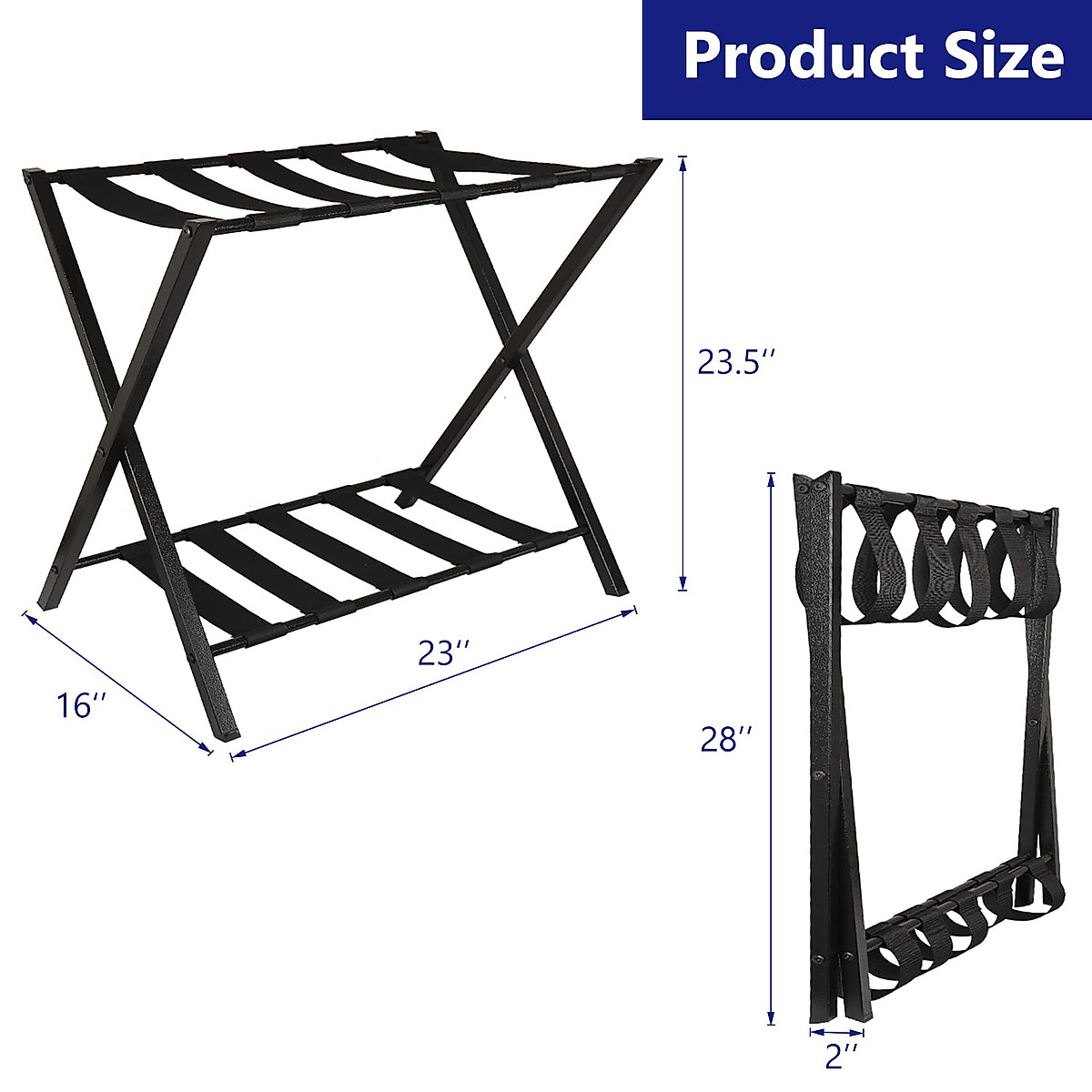 H-A Folding Luggage Rack Suitcase Stand with Storage Shelf for Guest Room Bedroom Hotel, Black (1 Pack)