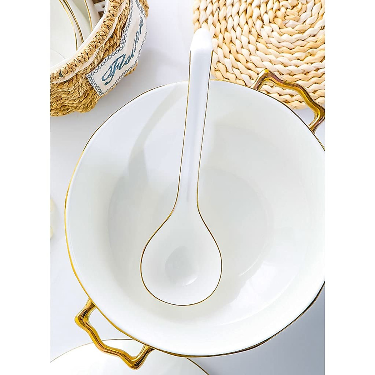 Spoons Silverware Household Large Spoon Long Handle Spoon Ceramic Tracery Large Spoon Spoon Rice Porridge Spoon Spoon Set (Color : B)