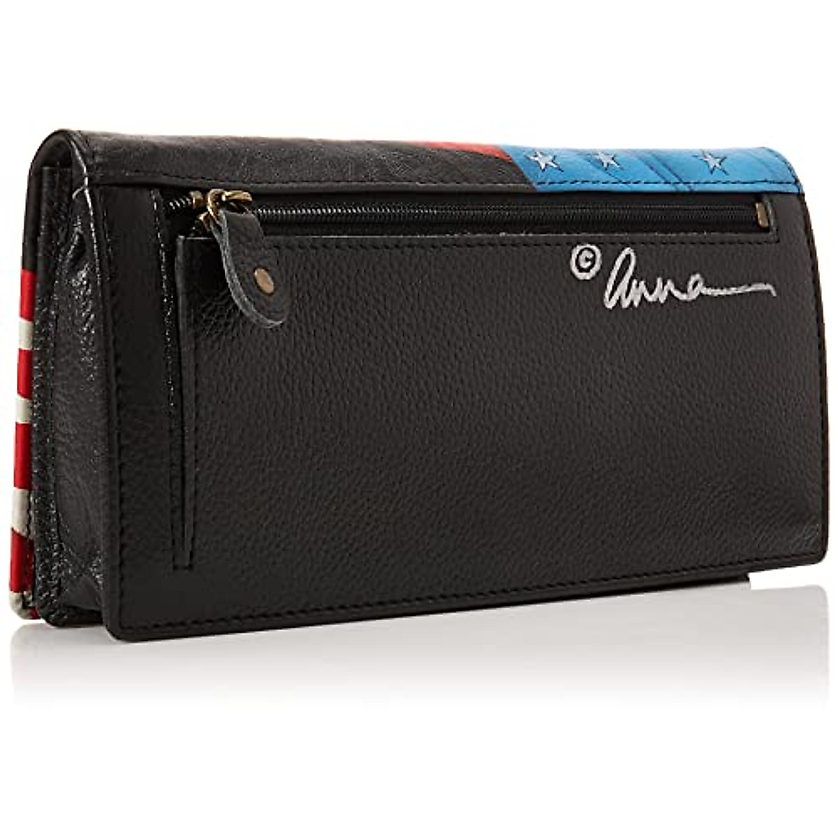 Anna by Anuschka Women's Hand-Painted Genuine Leather Two Fold Clutch Wallet - Stars and Stripes Black