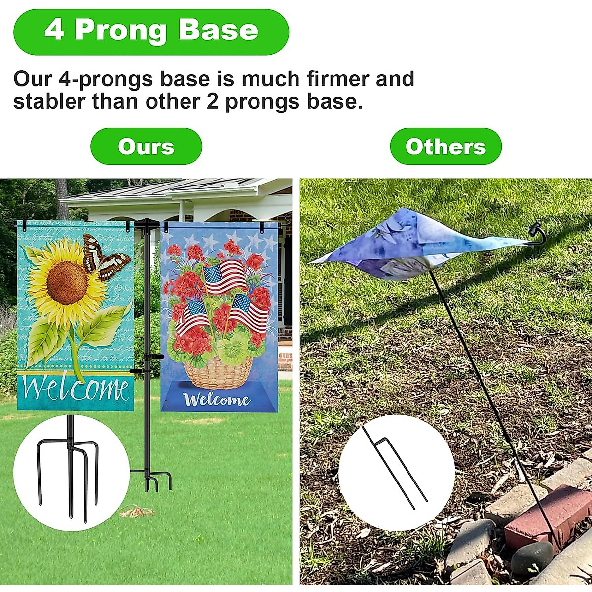 FFILY Garden Flag Stand Holder with 4 Prong Base for Double Flags - 3/4 Inch Extra Thick Heavy Duty Yard Flag Holder for Outside 12x18 Home Patio Decor
