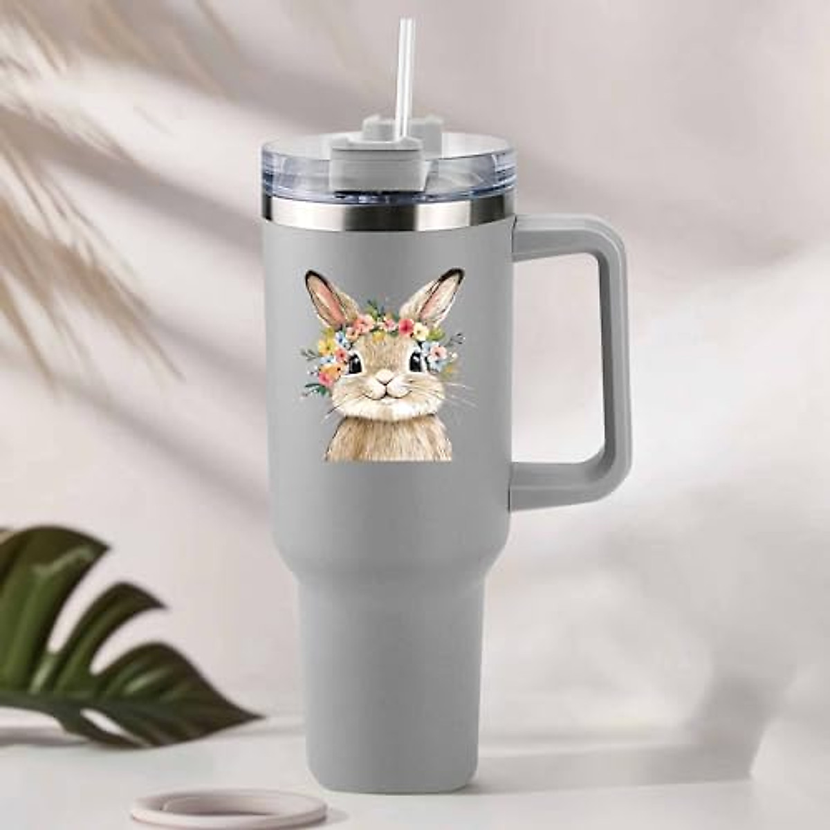 LB LEOBON 40 ounce insulated cup with handle, double-layer vacuum stainless steel material, equipped with straw, can keep warm or maintain cold drinks Easter Rabbit F grey