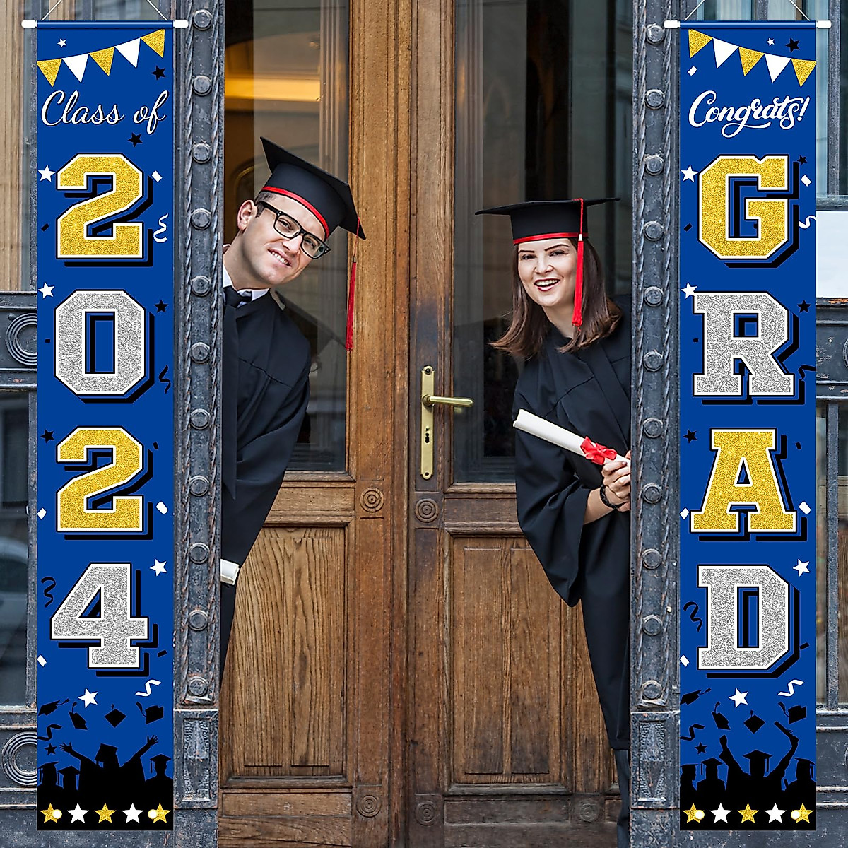 PlandRichW Graduation Banner Class of 2024, Large Blue & Gold Congrats Grad Porch Sign Doorway Welcome Graduation Decoration Celebration Supplies