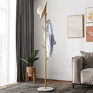 TIEOU Free-standing Coat Rack Gold, Hat Hanger Hall Tree, Metal Coat Hangers for Scarves, Backpacks, Umbrellas, Purses, Simple Coat Stand, Stylish Coat Tree with Stable Round Marble Base, 8 Coat Hooks