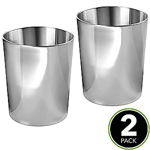 mDesign Round Metal Small 1.7 Gallon Recycle Trash Can Wastebasket, Garbage Container Bin for Bathrooms, Kitchen, Bedroom, Home Office - Durable Stainless Steel - Mirri Collection - 2 Pack - Polished