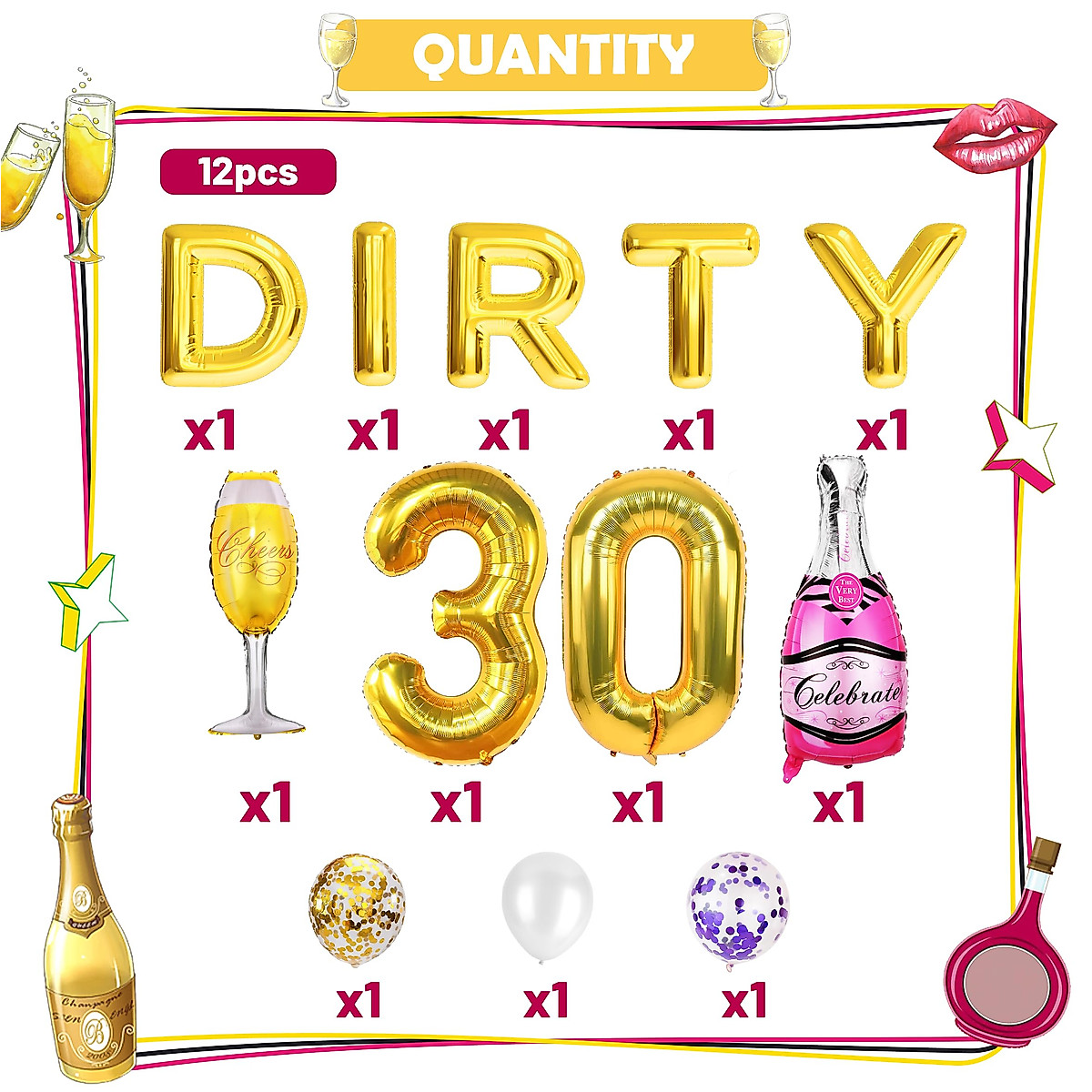 12PCS Dirty 30 Balloons, Gold Dirty Thirty Balloons/30th Birthday Decoration, Champagne Glass Balloon Decor for Men Women, Cheers to 30 Years Old Birthday Foil Balloons for Outdoor