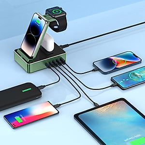 Charging Station for Multiple Devices Apple,Wireless Charger for Iphone 15/14/13/12 Series,Apple Watch Series,Airpods Pro,with 5 USB Ports Multi Charger Station 100w Aluminum Alloy Charger Station