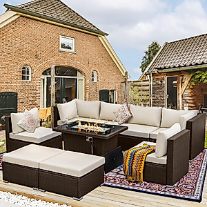 BULEXYARD High Back Brown PE Rattan Outdoor Patio Furniture Set with Propane Fire Pit Table, Large Wicker Outside Sectional Furniture Sofa Conversation Sets for Backyard(Beige, 9Pcs)