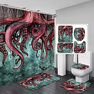 4Pcs Pink Ocean Bathroom Sets with Shower Curtains and Rugs Fish and Marine Animals Shower Curtains Sets with Bath Mat and Toilet Seat Cover Funny Bathroom Sets and Accessories