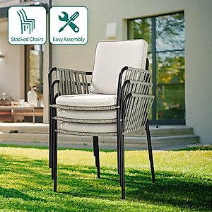 YITAHOME Outdoor Dining Chair Set of 4, All-Weather Rope & Rattan Woven Chairs, Indoor-Outdoor Armchair Seating for Patio, Backyard, Poolside, Balcony - Grey Rattan & Beige