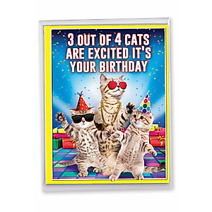 NobleWorks Jumbo Hilarious Birthday Greeting Card 8.5 x 11 Inch with Envelope (1 Pack) Oversize Jumbo Bday Excited Cats J3525BDG