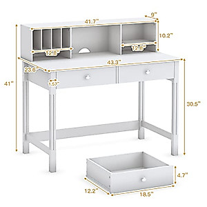 WiberWi Computer Desk with Drawers and Hutch, 43.3 inch White Home Office Desks Small Makeup Vanity Desk Table with Storage for Small Spaces Bedroom, Writing Desk Study Table