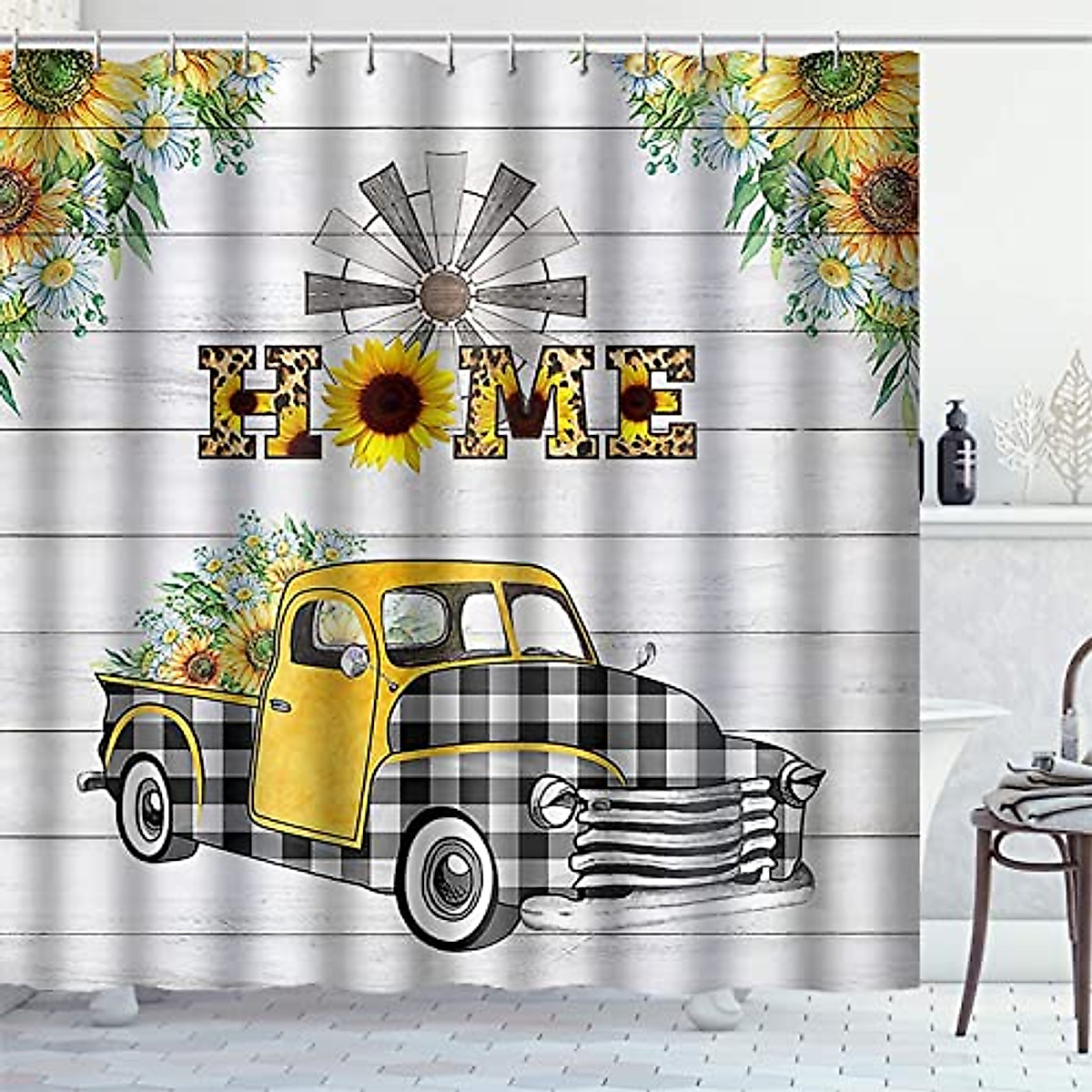 Dia Magico 4PCS Farm Truck Shower Curtain Set, Black White Buffalo Plaid Car Yellow Sunflower Daisy Floral Windmill Country Rustic Farmhouse Bathroom Decor, Fabric Shower Curtain, Non-Slip Bath Mat