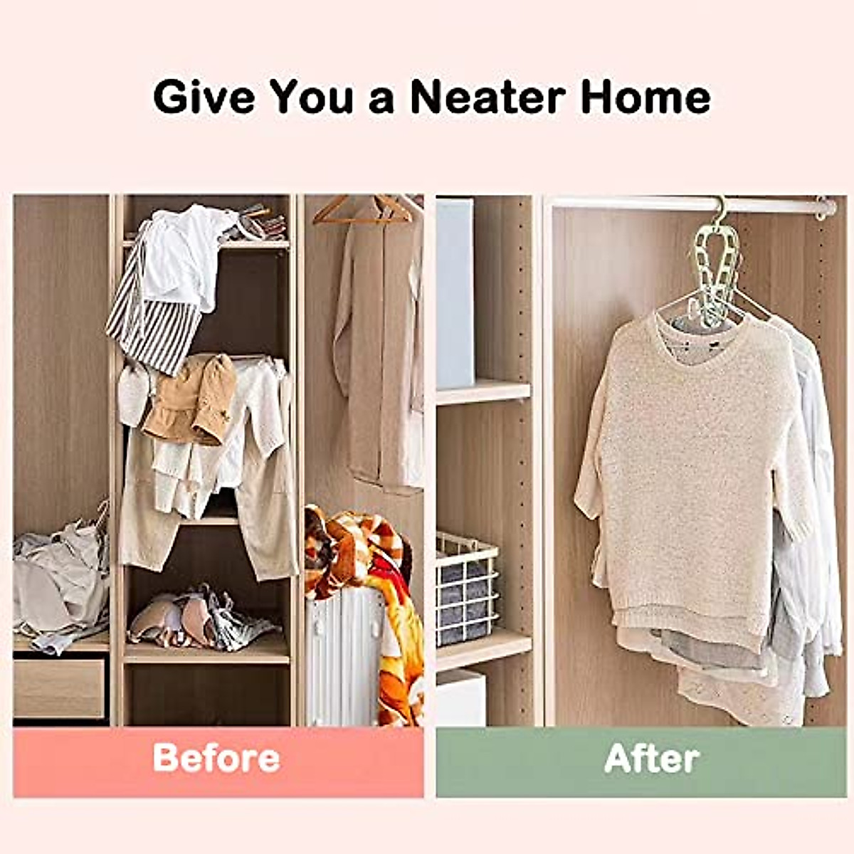 ATNMRE Magic Hangers Space Saving Clothes Hanger, 6-Pack Multifunctional Closet Organizers and Storage Plastic with 9 Holes for Dorm Room Essentials Bedroom Apartment Heavy (3 Pink, 3 Green)