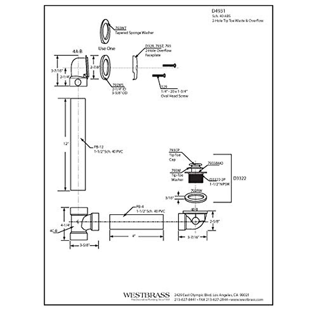 Westbrass Tip-Toe Sch. 40 ABS Bath Waste with Two-Hole Elbow, Oil Rubbed Bronze, D4931-12