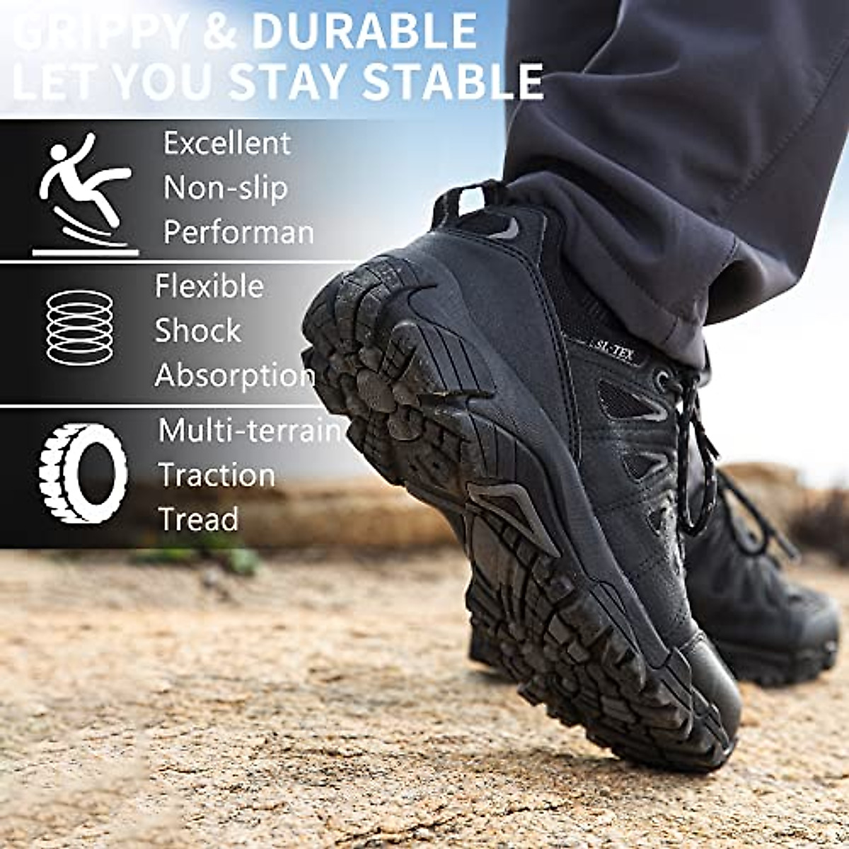 SHULOOK Men's Waterproof Hiking Shoes Non Slip Outdoor Low Top Lightweight Ankle Boots Breathable Hike Trekking Trails Work Shoe Black/Grey