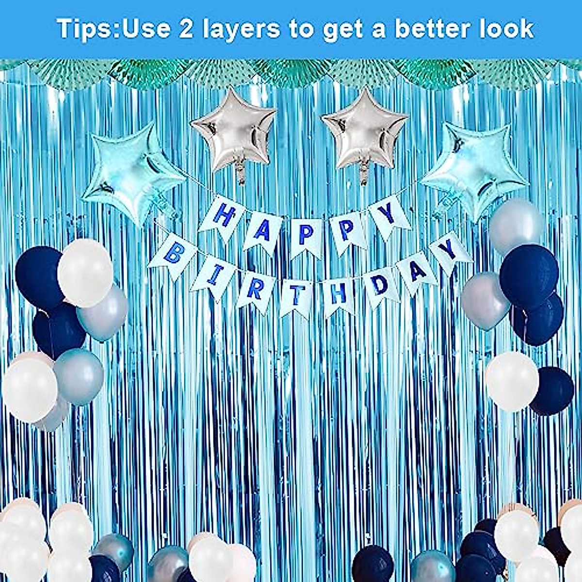 3 Pack 3.3x8.2 Feet Light Blue Fringe Curtains Party Decorations,Tinsel Backdrop Curtains Birthday Decorations, Baby Shower, Disco Party, Wedding, Graduation