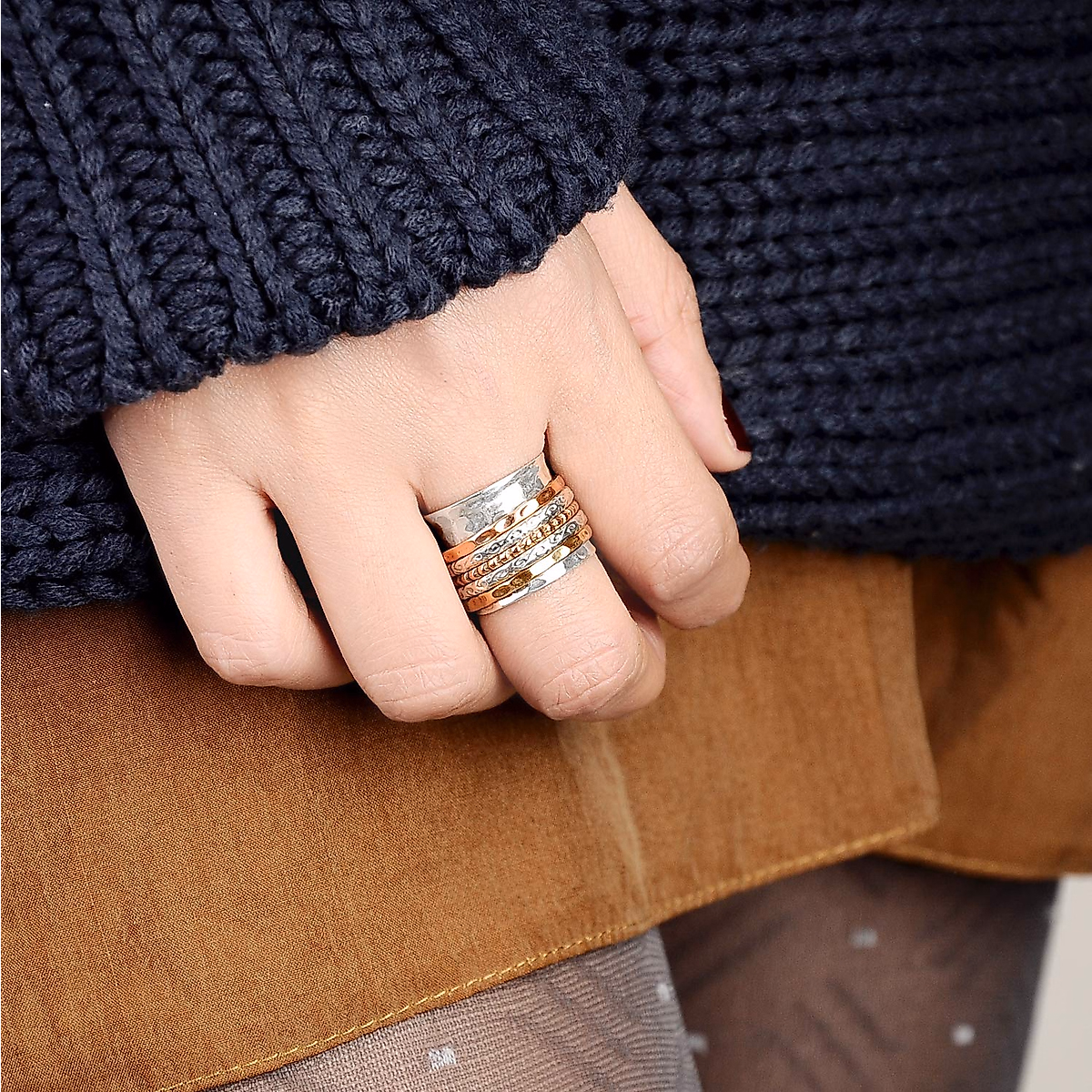 Boho-Magic Spinner Ring for Women 925 Sterling Silver with Copper and Brass Fidget Bands Wide (8)