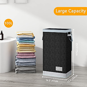 Wisdom Star Large Laundry Basket with Lid, 100L Waterproof Laundry Hamper with Removable Laundry Bag, Collapsible Laundry Baskets with Extended Handles for Bedroom, Bathroom, Dorm, Laundry Room, Black