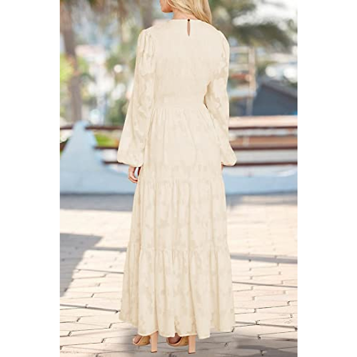 MITILLY Women's Elegant Floral Long Sleeve Round Neck Smocked A-Line Flowy Tiered Maxi Dress with Pockets Medium Apricot