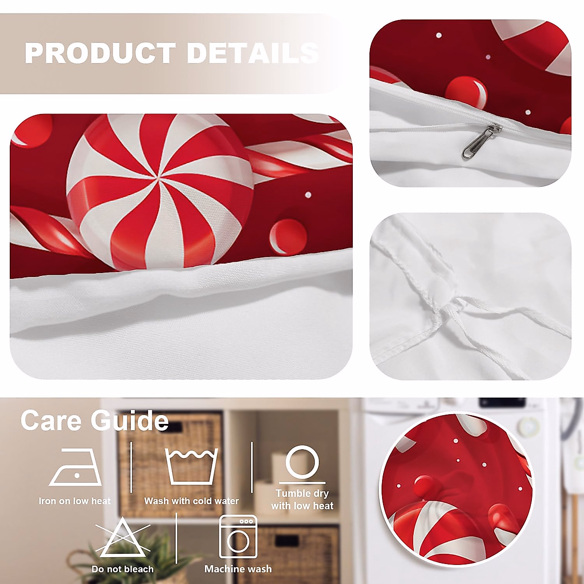 BaoNews Candy Cane Candle Duvet Cover Set Full Size,3 Pieces Winter Red Christmas Candy Bedding Set Hotel Quality 100% Cotton Comforter Cover Set with 2 Pillowcases(No Filler)