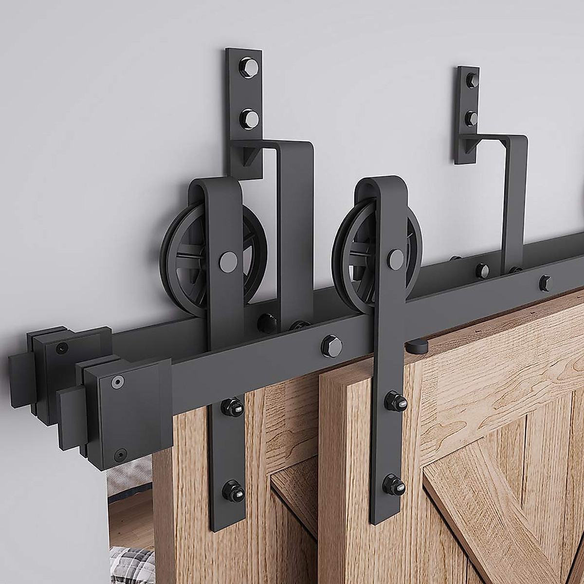ZEKOO 5-18 FT Bypass Barn Door Hardware for Double Barn Door, Barn Door Track for Sliding Closet Door, Heavy Duty Double Bypass Barn Door Kit Big Black Spoke Hangers (9FT Bypass Double Door Kit)