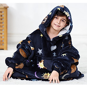 Dreamique Oversized Wearable Blanket for Kids, Sherpa Fleece Hoodie Blanket, Warm Winter Hooded Sweatshirt for Boys and Girls, Soft TV Blanket, Gifts for Kids (4-13 Years), Universe