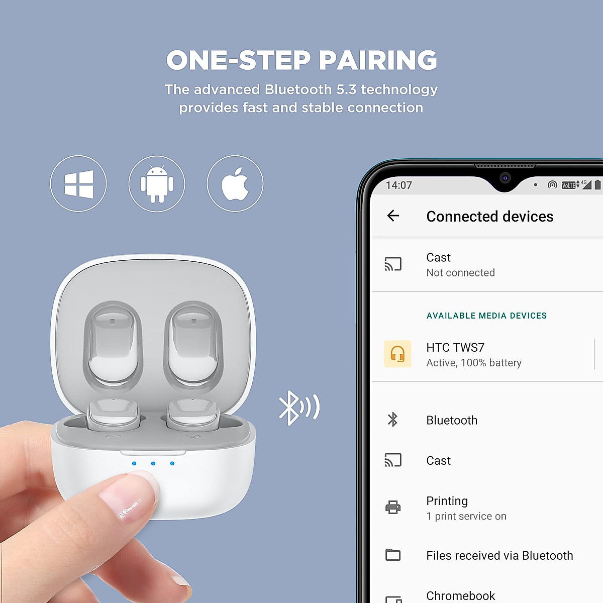 HTC True Wireless Earbuds 7 Bluetooth 5.3, in-Ear Headphones Noise Cancelling for Gaming, Exercising - 40ms Ultra Low Latency/22H Playtime/Game Modes/10mm Driver/Built-in Microphone -Gray