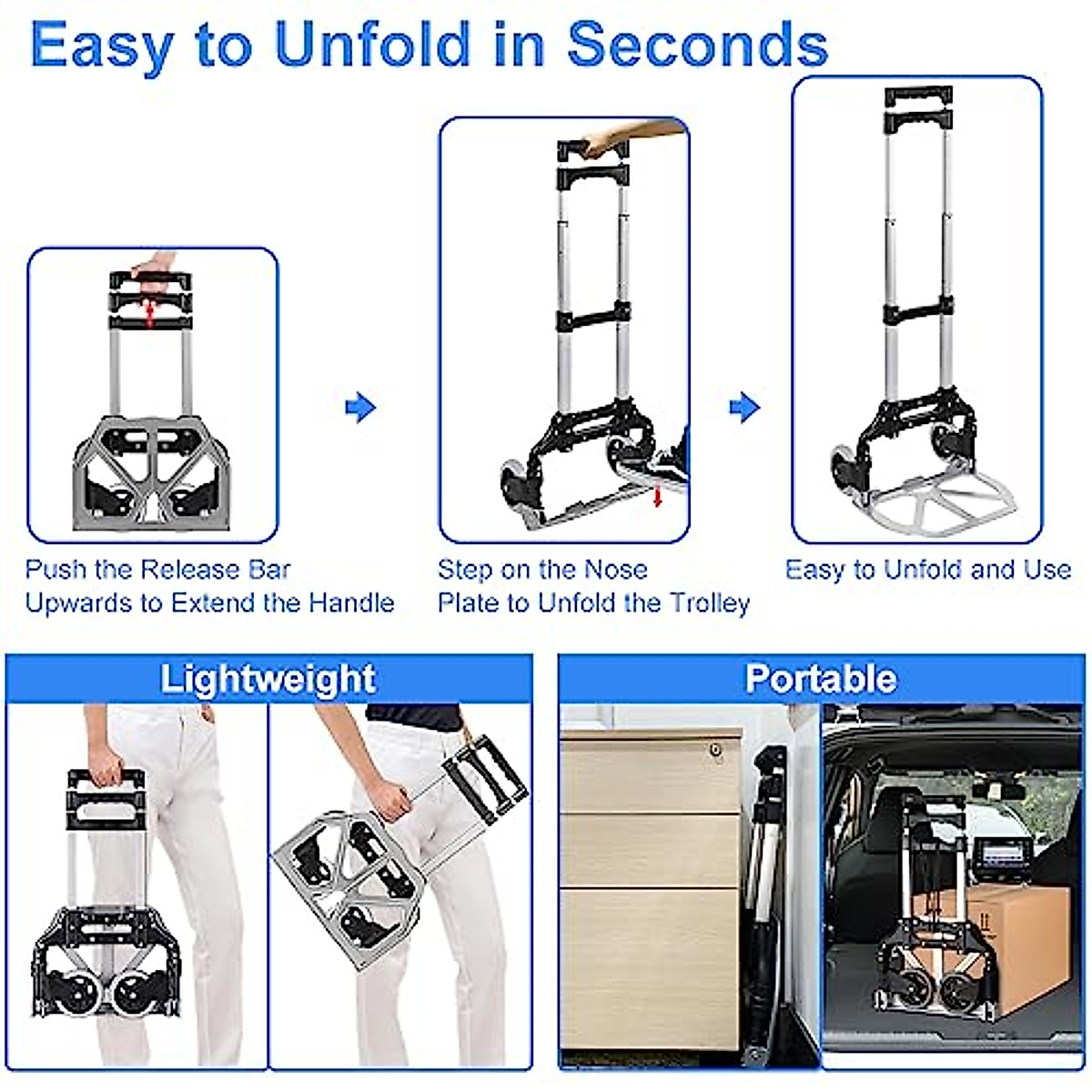 Double Rhombus Folding Hand Truck Dolly Cart, 330 Lbs Load Capacity Aluminium Trolley Cart with Telescoping Handle, 2 Rubber Wheels, Bungee Cords for Luggage, Travel, Moving, Shopping, Office Use