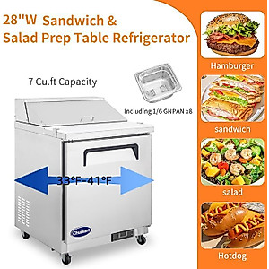 CHUMART 29" W Sandwich Salad Prep Table Refrigerator 9 Cu.Ft Commercial Refrigerators, Fan Cooling Food Prep Fridge with 8 Pans, Salad Bar with Cut Board for Buffet Restaurant, Bar, Shop, etc