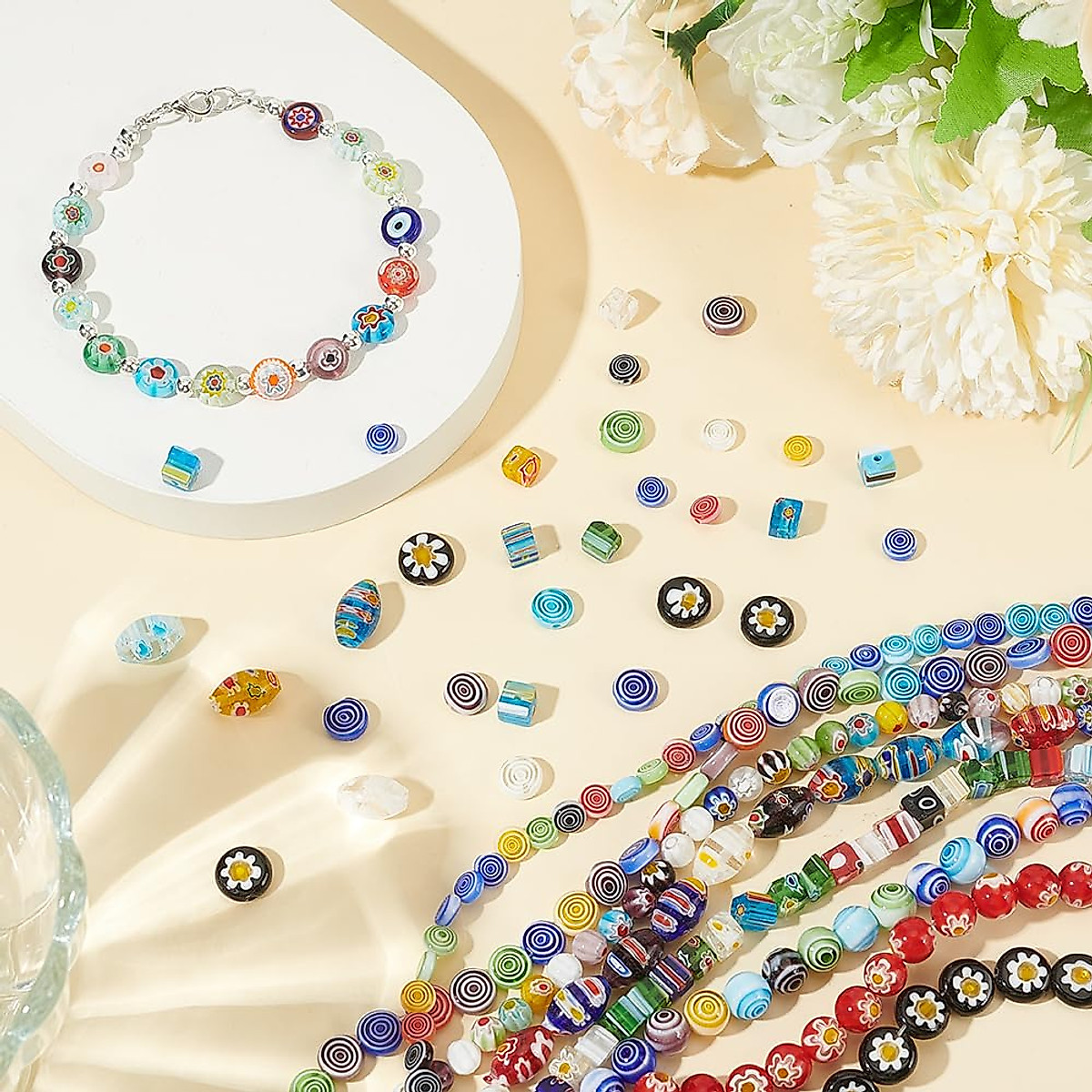 PH PandaHall 10 Strands Assorted Lampwork Beads Random Millefiori Beads Mixed Style Millefiori Lampwork Glass Beads Glass Loose Beads Spacer Beads for Jewelry Making - 13.8"~15.7"