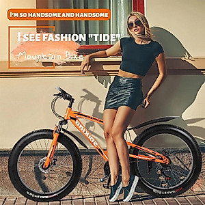 DSVF 26in 4.0 Fat Tire Mens Mountain Bike Road Bicycle, Medium Aluminum Frame City Bike, 21 Speed Adults Teens Road Bicycle Disc Brake Aluminum Soft Cushion Racing Bike【US Stock】 (Orange)