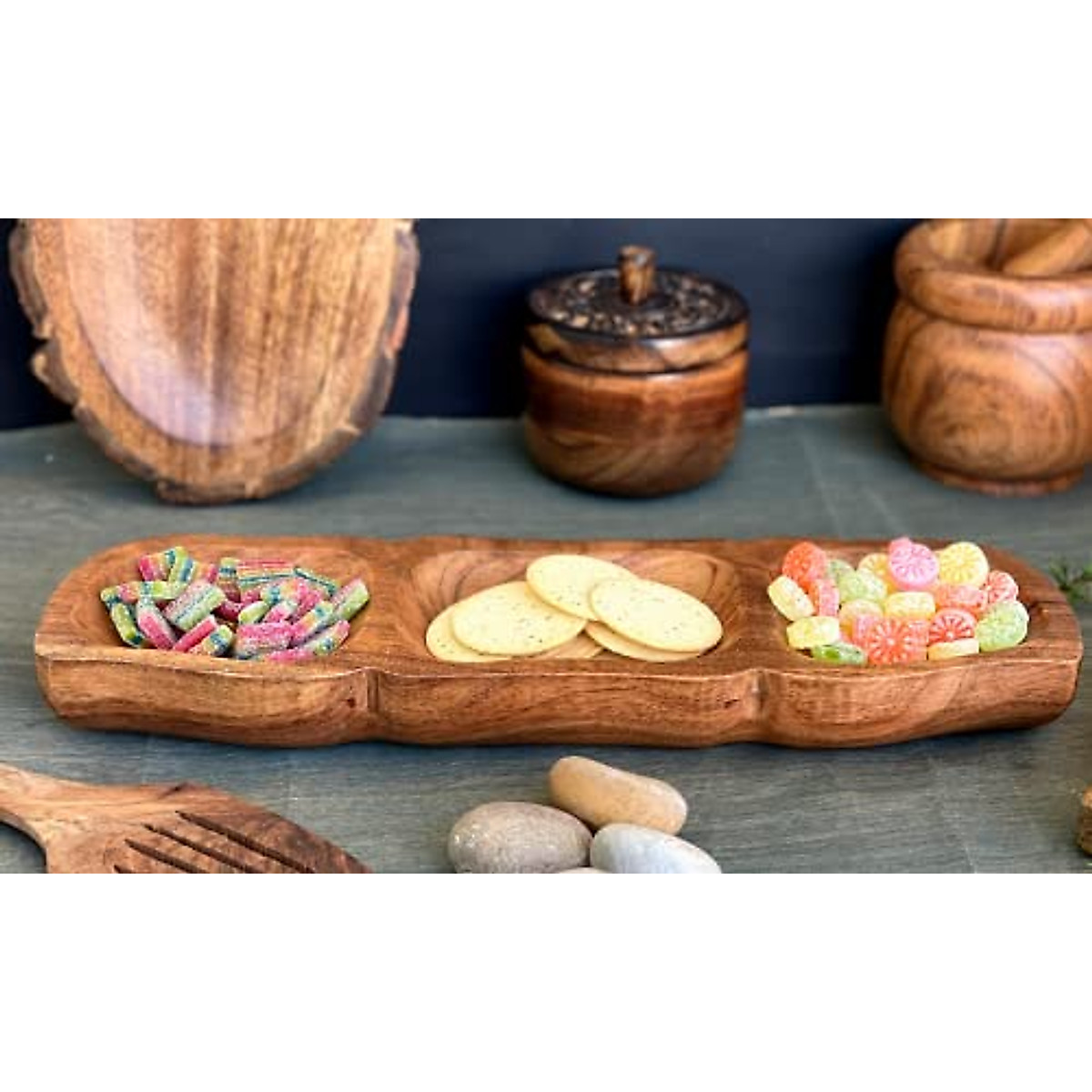 3 Compartment Acacia Wood Tray for Nuts, Candy, Snacks, Appetizers, Chips, Condiments, Crackers, Divided Serving Platter for Parties, Decorative Sectional Relish Tray for Christmas Holidays- 15''