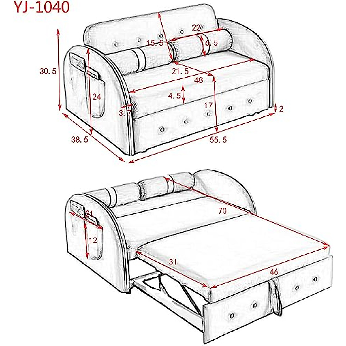 ERYE Modern Convertible Futon Sleeper Sofa with Pull Out Couch Bed, Functional Tufted Loveseat & Daybed for Home Office Apartment Studio Small Space Living Room Velvet Button Tufted Side Pockets
