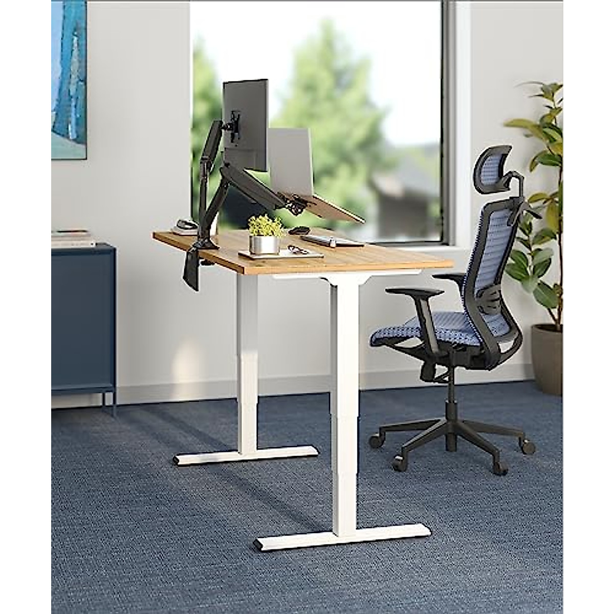 FLEXISPOT Pro Bamboo 3 Stages Dual Motor 60x30 Inch Electric Standing Desk Bamboo Contour Whole-Piece Board Height Adjustable Desk Electric Stand Up Desk (White Frame + Bamboo Curved Desktop)