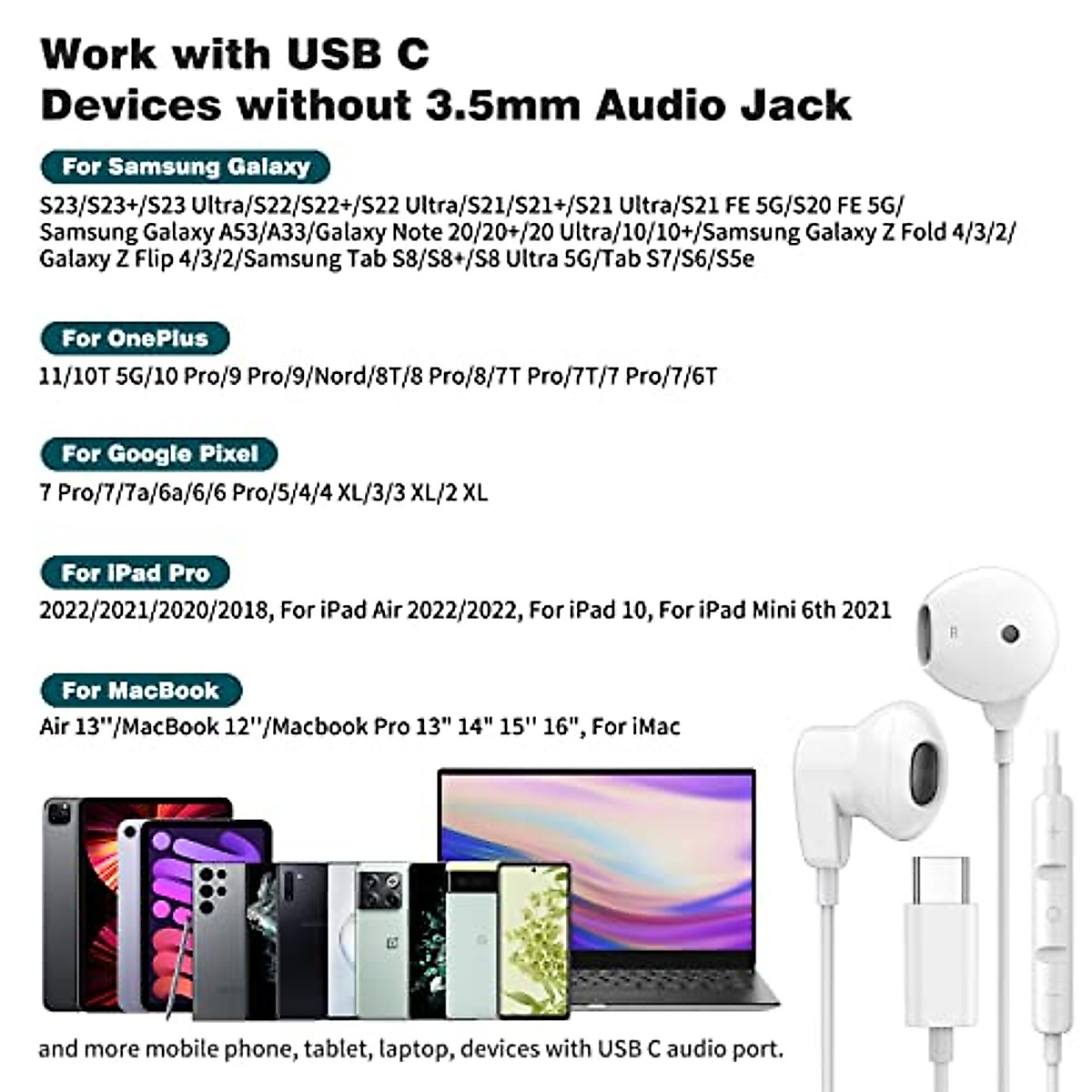 [2Pack]USB C Headphone for Galaxy S23 Ultra S22 5G, HiFi Stereo Type C Earphone with Microphone Wired Earbuds Digital DAC Volume Control Headphones for Samsung S21 Z Fold4 3 Pixel 7 6 iPad Pro OnePlus
