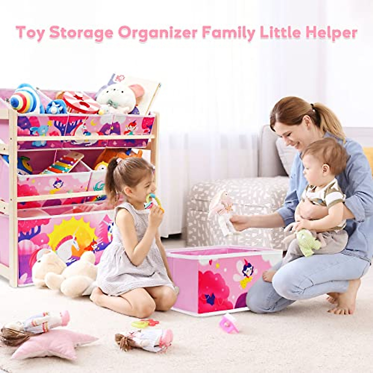 Jomifin Kids Toy Organizer for Boys Girls, 6 Storage Bins Large Storage Capacity Best Toy Storage Solution for Playroom, Nursery (Green) (Pink)