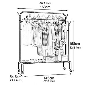YYSM Double Rod Garment Rack with Shelves & Wheels, Metal Hang Dry Clothes Rack for Hanging Clothes, with Top Rod Organizer Shirt Towel Rack and Lower Storage Shelf for Boxes Shoes Boots
