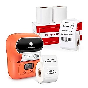 Phomemo M110 Mini Label Maker with 3 Rolls 1.57''x3.15'' (40x80mm)-Thermal Label Printer Maker for Barcode, Clothing, Jewelry, Retail, Mailing, Business, Compatible with Android & iOS, Orange