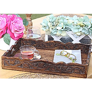 Hand Carved Wooden Serving Tray - Decorative Breakfast Tray with Handles - Rustic Wooden Food Tray with Intricate Detail - Unique Furnishing Accent - Natural Finish - 17 x 13 x 2.5 Inch - COTTON CRAFT