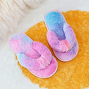 techcity Boys Girls Fuzzy Flip Flop Slippers Kids Cute Soft Comfy Open Toe Fluffy Slip On Thong Flat Sandals House Home Fur Slides Indoor Outdoor
