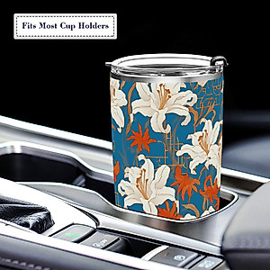 sanluoli Flat Geometric Pattern Lily Colorful Stainless Steel insulated coffee cup with Straw Leak Resistant Flip mug for hot drinks for outdoor reusable tumbler with lid and straw 20 OZ