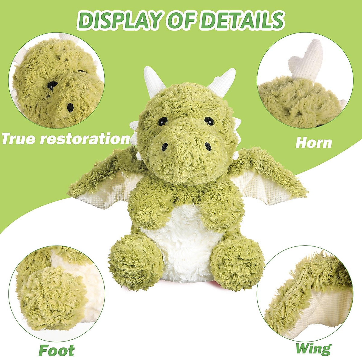 EOUOBOMO Little Flying Dragon Plush,Cute Dinosaur Stuffed Animals Pillow,Kawaii Fire Dragon Animal Plushies Toy, for Adults and Kids,7.88",Green